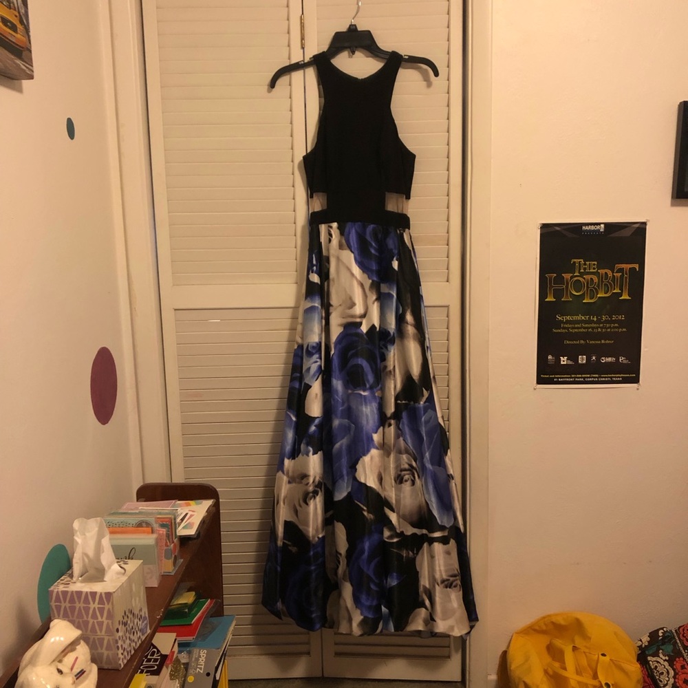 Blue & White Floral Prom Dress With Mesh Cutouts - Gem